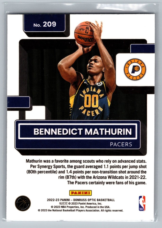 2022-23 Donruss Optic #209 Bennedict Mathurin Indiana Pacers RC Rookie ...