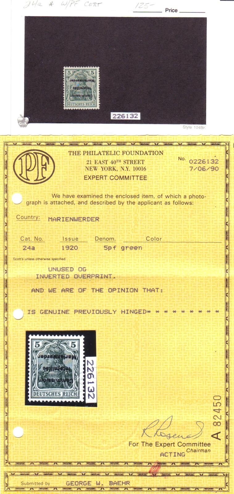 Germany: Marienwerder: 5pf Inverted Overprint, Sc #24a w/PF 1990 Cert ...