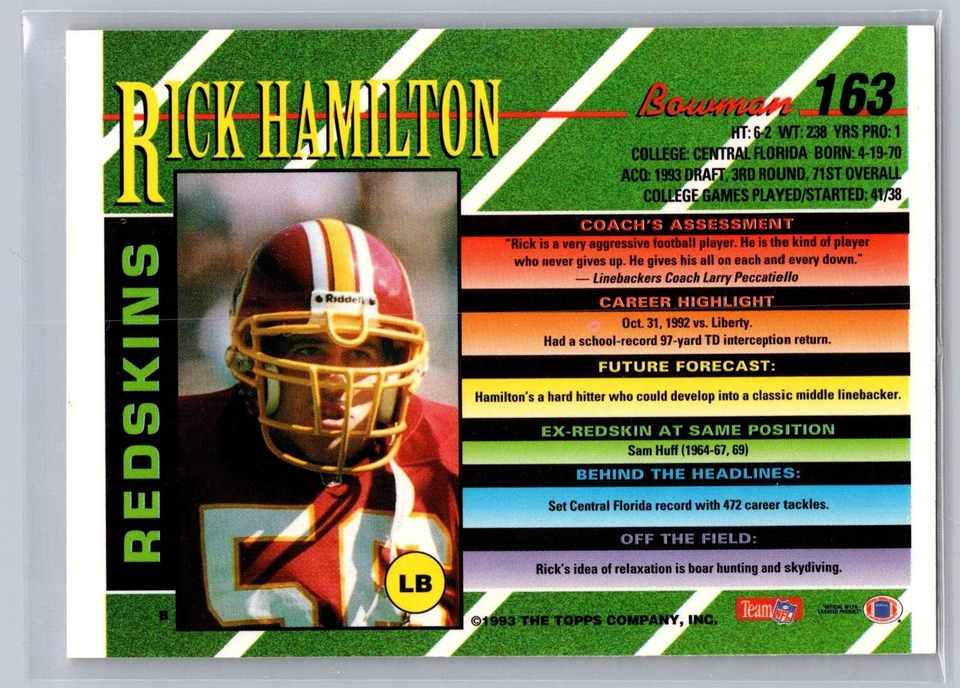 1993 TOPPS BOWMAN CARD # 163 Rick Hamilton - Washington Redskins | eBay