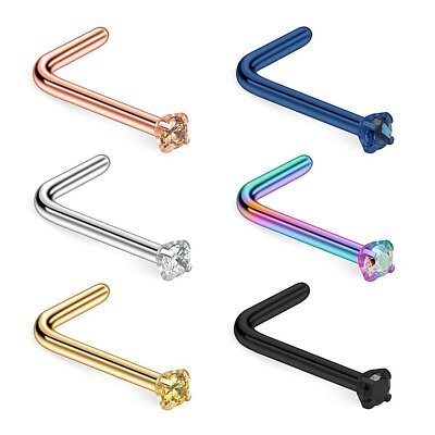 6 pcs Surgical Steel Nose Stud L Shaped Ring Mixed Color CZ 20G ...