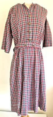 Vintage Plaid Dress, Secretary Geek Prarie Red Collar Knee Length Cuff ...