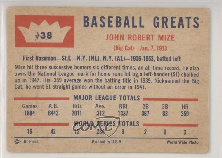 1960 Fleer Baseball Greats Johnny Mize #38 HOF tv5 | eBay