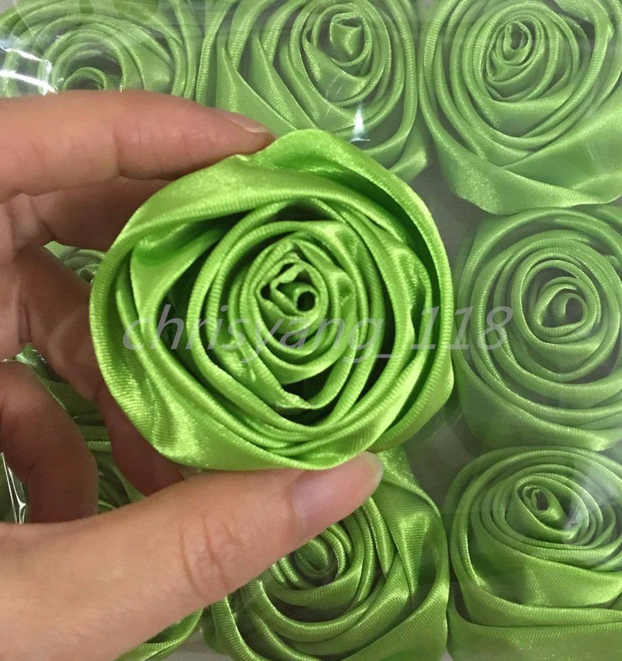 24pc/lot Light Green 2" Satin Ribbon Rose Flower DIY Wedding Bridal ...