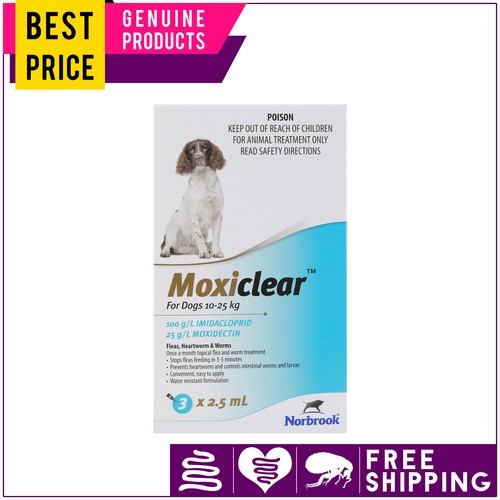 Moxiclear 3 Doses Flea Worms Heartworm Treatment for Dogs 10 to 25 Kg ...