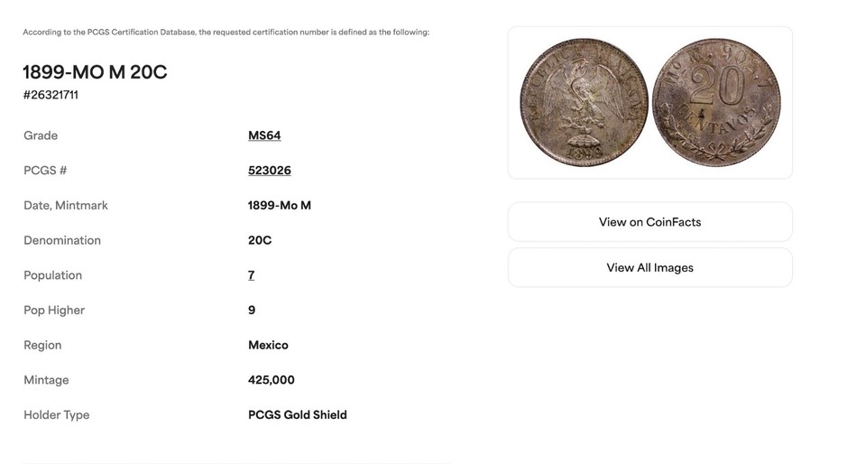 MEXICO CITY MINT 1899-MoM 20 CENTAVOS SILVER COIN, UNC., PCGS CERTIFIED ...