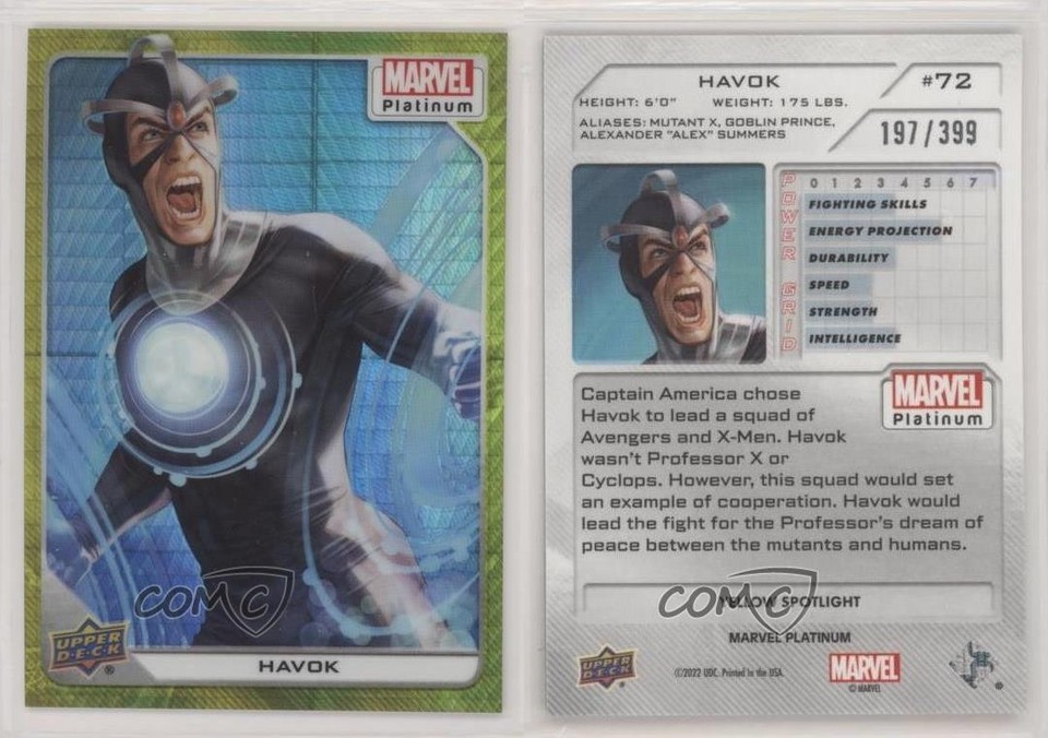 2023 Upper Deck Marvel Platinum Yellow Spotlight 197/399 Havok Ty Romsa #72 0p6 | eBay