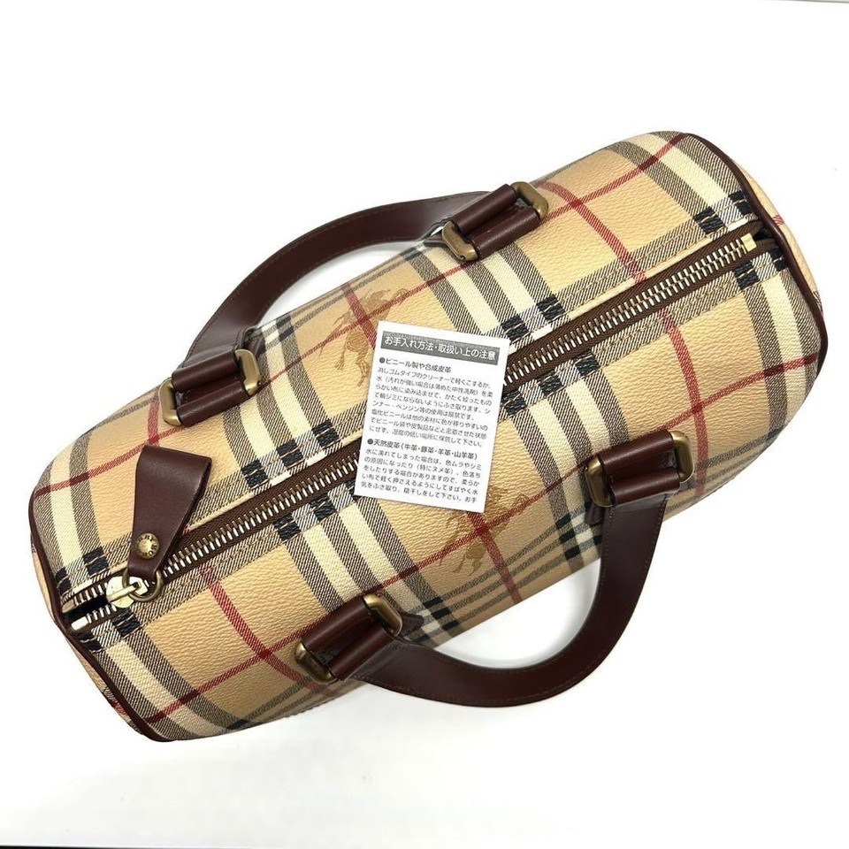 BURBERRY PVC Leather Mini Boston Handbag Beige Nova Check Logo Vintage ...