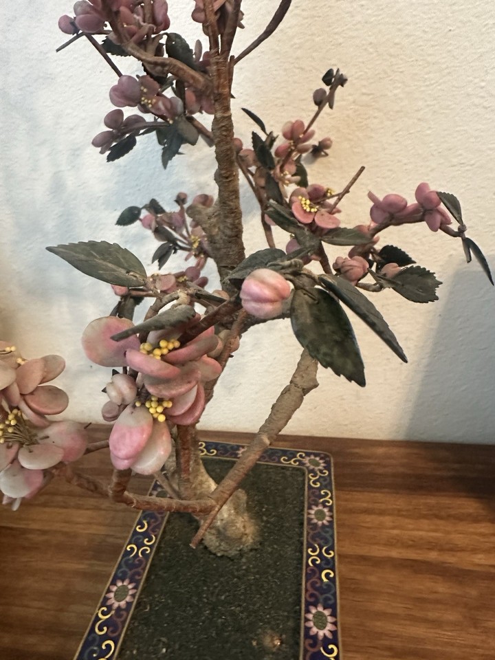 PAIR Antique Chinese Jade Cherry Blossom Bonsai Tree w Cloisonne Enamel ...