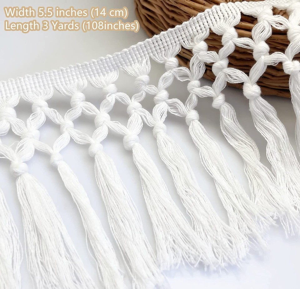 FQTANJU 3 Yards 14cm Wide Tassel Trim Cotton Tassel Fringe Boho Macrame ...
