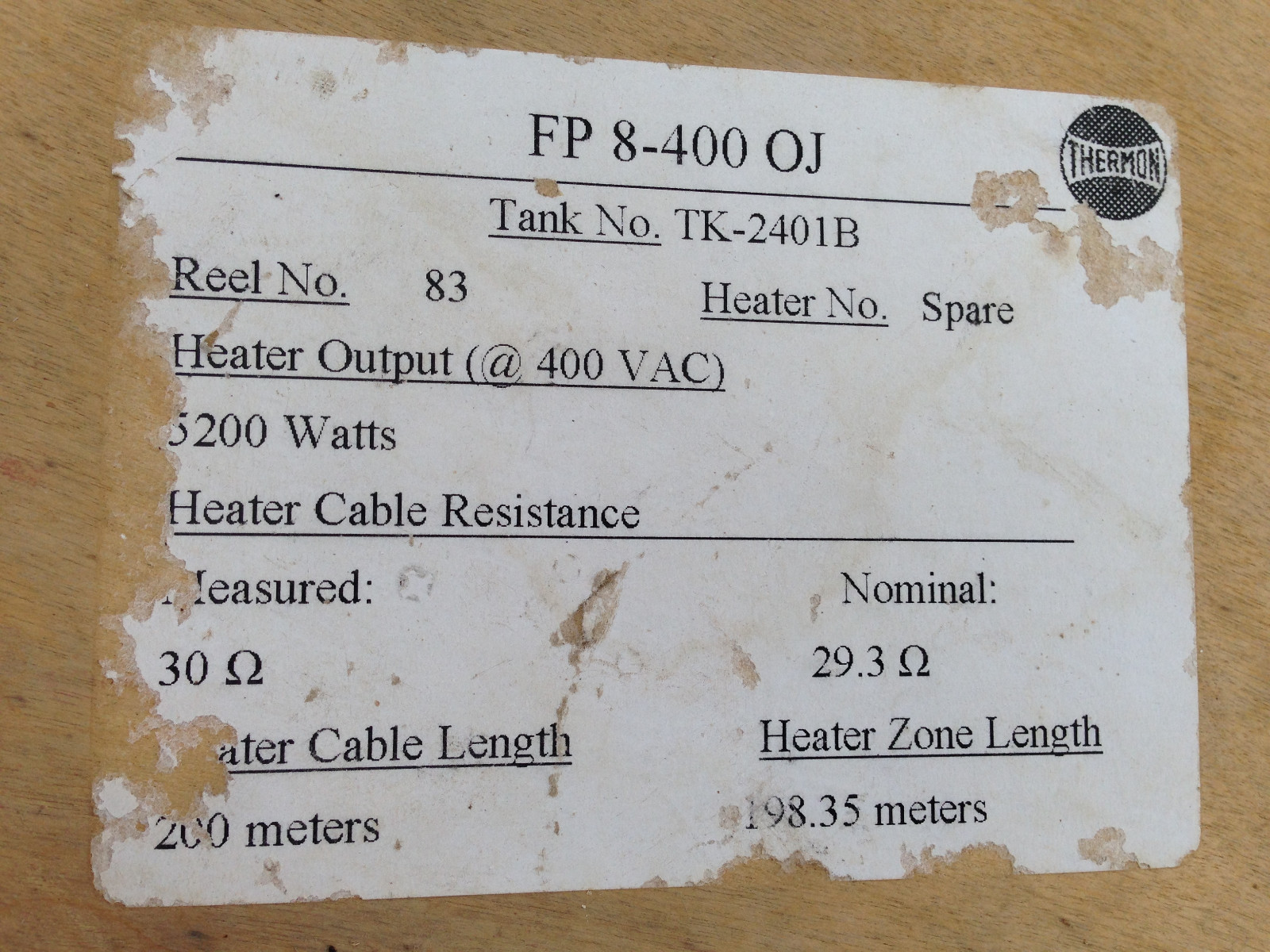 Thermon Parallel Heating Cable - Type FP 8-400-OJ - 400VAC, 8V/Ft - $5. ...