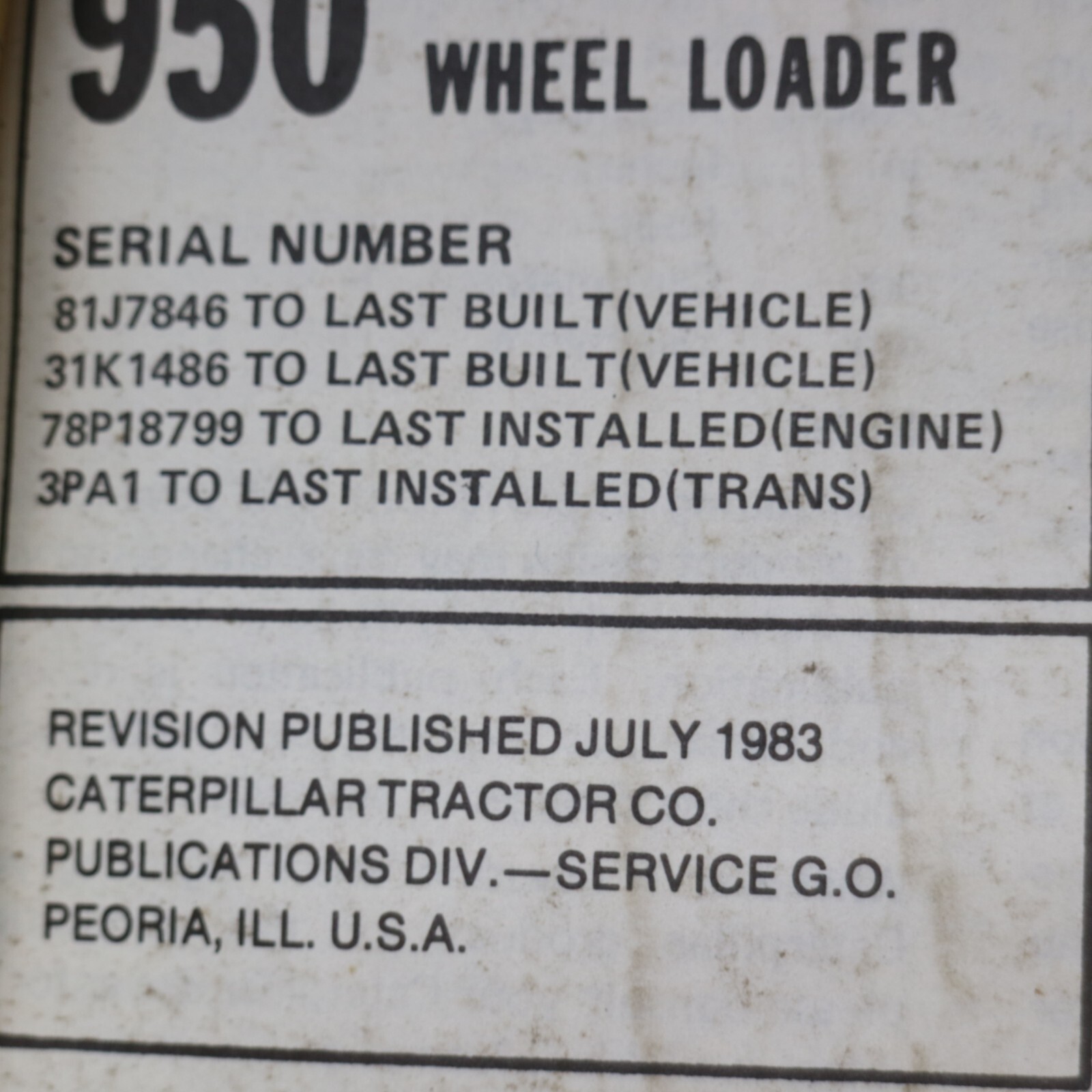 CAT Caterpillar 950 Wheel Loader Parts Manual Catalog book 81J 31K ...