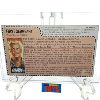 GI Joe Duke v1 FILECARD 1983 Mail Away uncut file card A brown back TOP ...