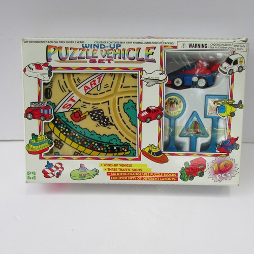 Puzzle Vehicle Set 9281R Wind Up Red Car Town Racer 3 Signs Vintage ...