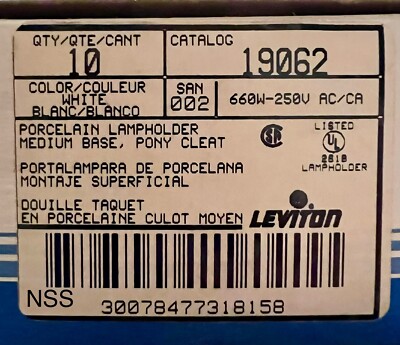 Box Of 10 LEVITON 19062 Pony Cleat Socket 660W250V Medium Base Lamp ...