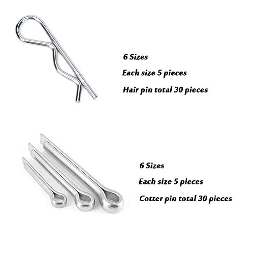 60 Pcs Cotter Pin Hair Pin Assortment Kit Zinc Plated R Clip Key ...