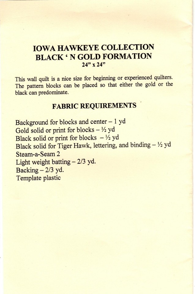 Iowa Hawkeye Black & Gold Wall Hanging Quilt Sewing Pattern Uncut | eBay