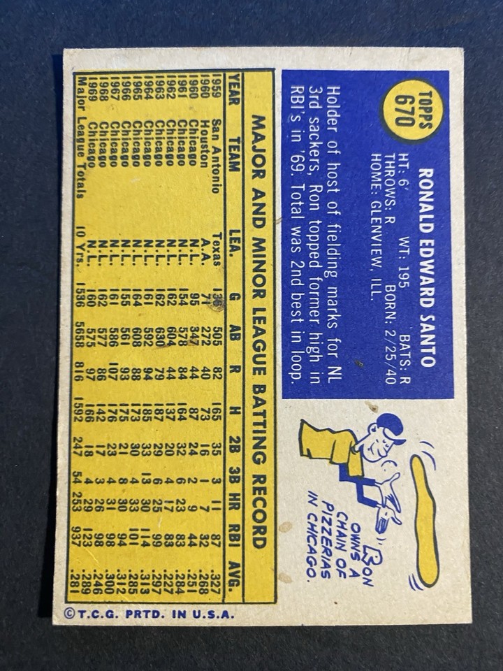 1970 Topps Baseball Ron Santo Chicago Cubs High Number Card #670 Hall ...