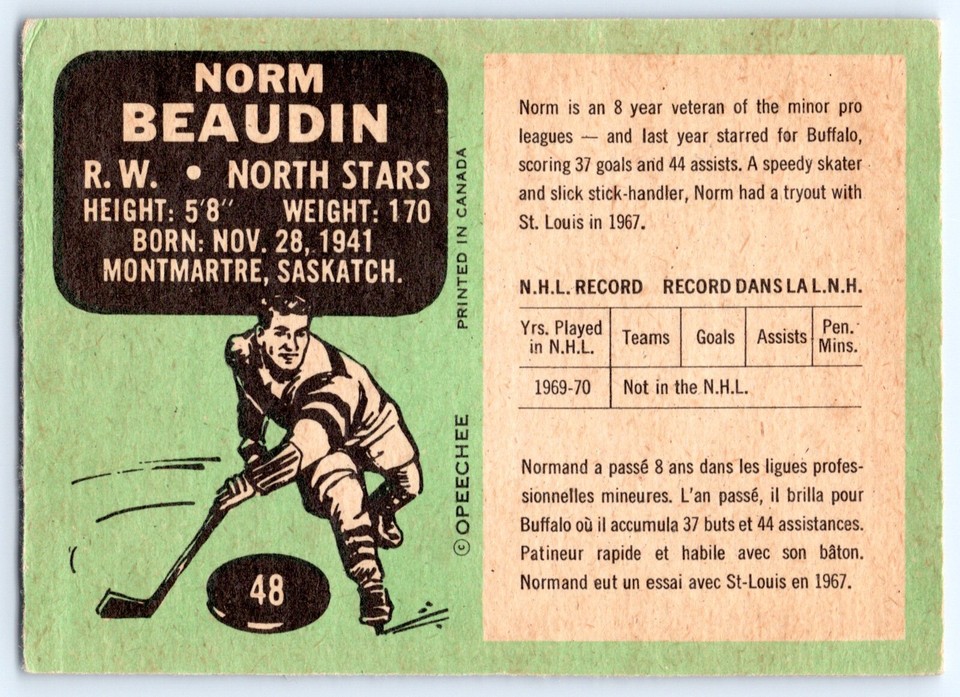 NORM BEAUDIN 1970-71 O-PEE-CHEE 70-71 NO 48 VG+ 44140 | eBay