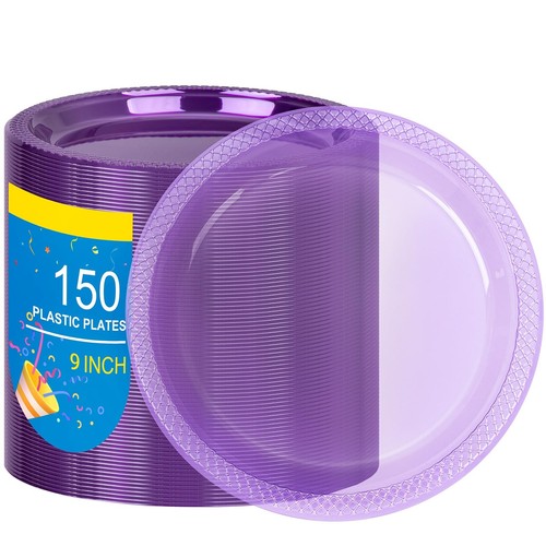 Neon Purple Party Plates 9 Inch -150 Count, Translucent Clear Purple ...