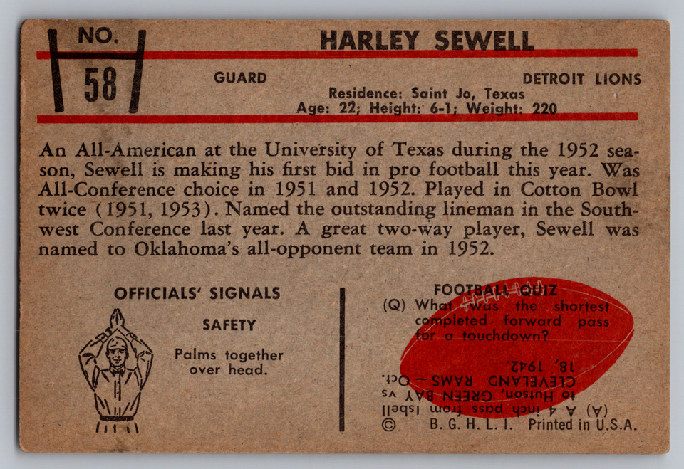 1953 BOWMAN #58 HARLEY SEWELL LIONS ROOKIE SP | eBay