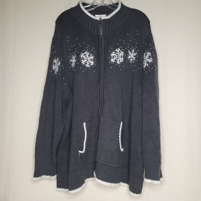 Quacker Factory Sz 3X Snowflake Cardigan Black Full Zip Pockets Vintage ...