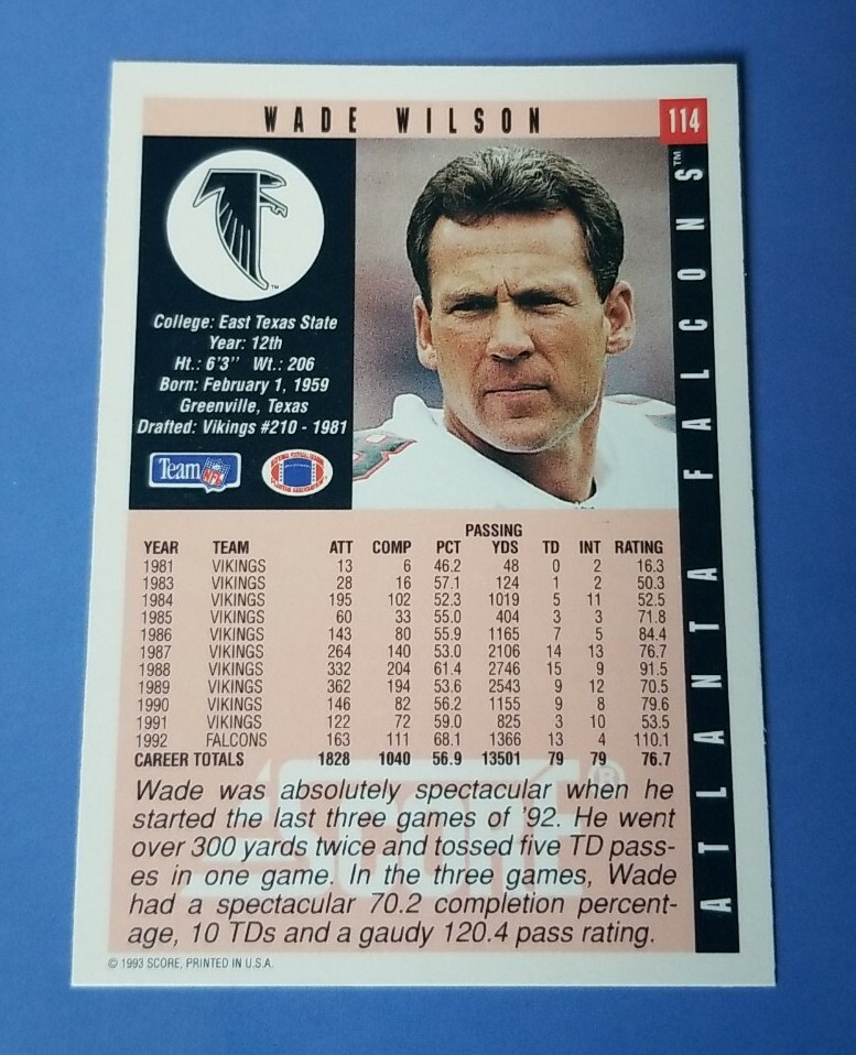 1993 Score Football #114 Wade Wilson - Atlanta Falcons | eBay