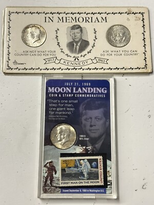 1963 Kennedy In Memoriam 2 Coin Set & Kennedy 1969 Moon Landing ...