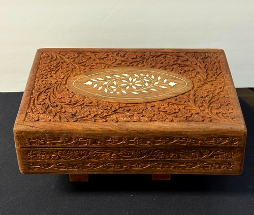 Large Trinket Storage Box VTG Hand Carved Hinged Wooden Inlay Brown 12 ...