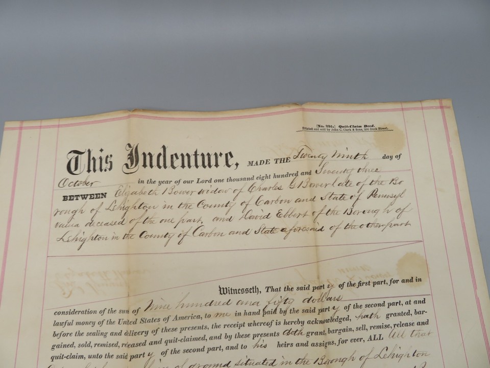 2 1873 Deeds/Indentures for same Property Lehighton, PA to David Ebbert ...