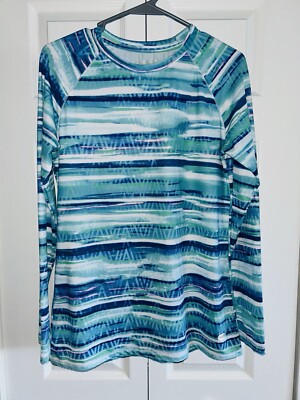 Reel Legends Shirt Womens Med Blue Teal Green Striped Keep It Cool ...