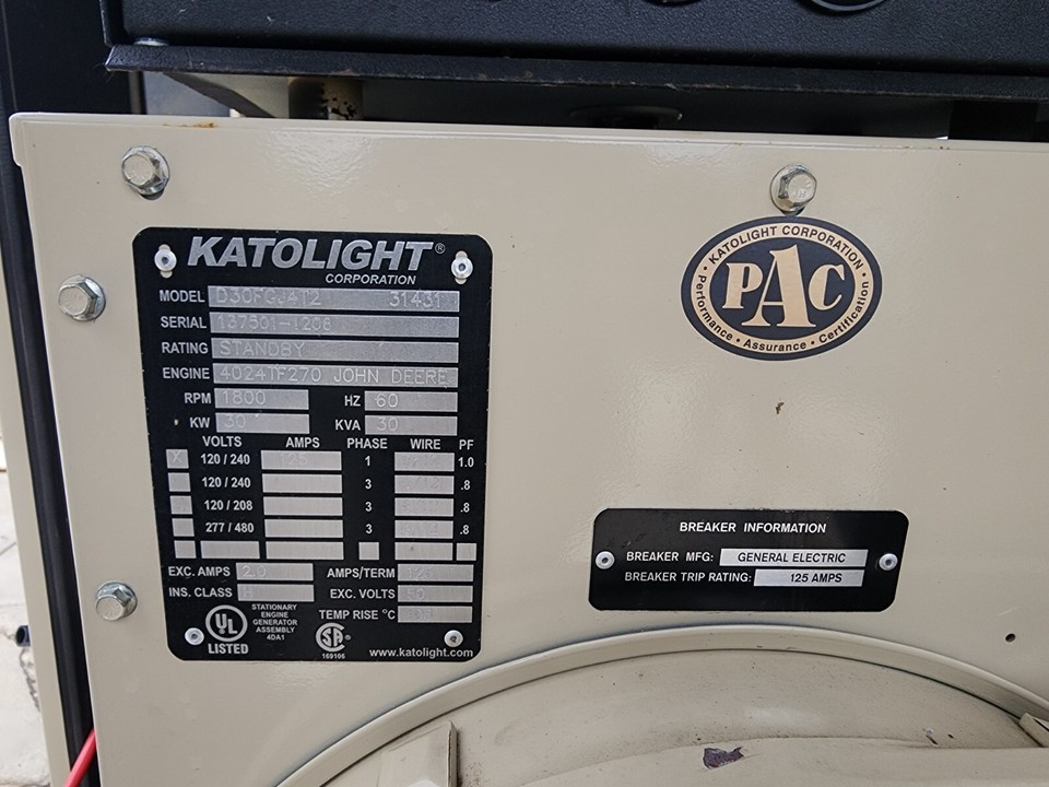 30KW Enclosed Diesel Generator 240V 1Ph Tested Serviced John Deere ...