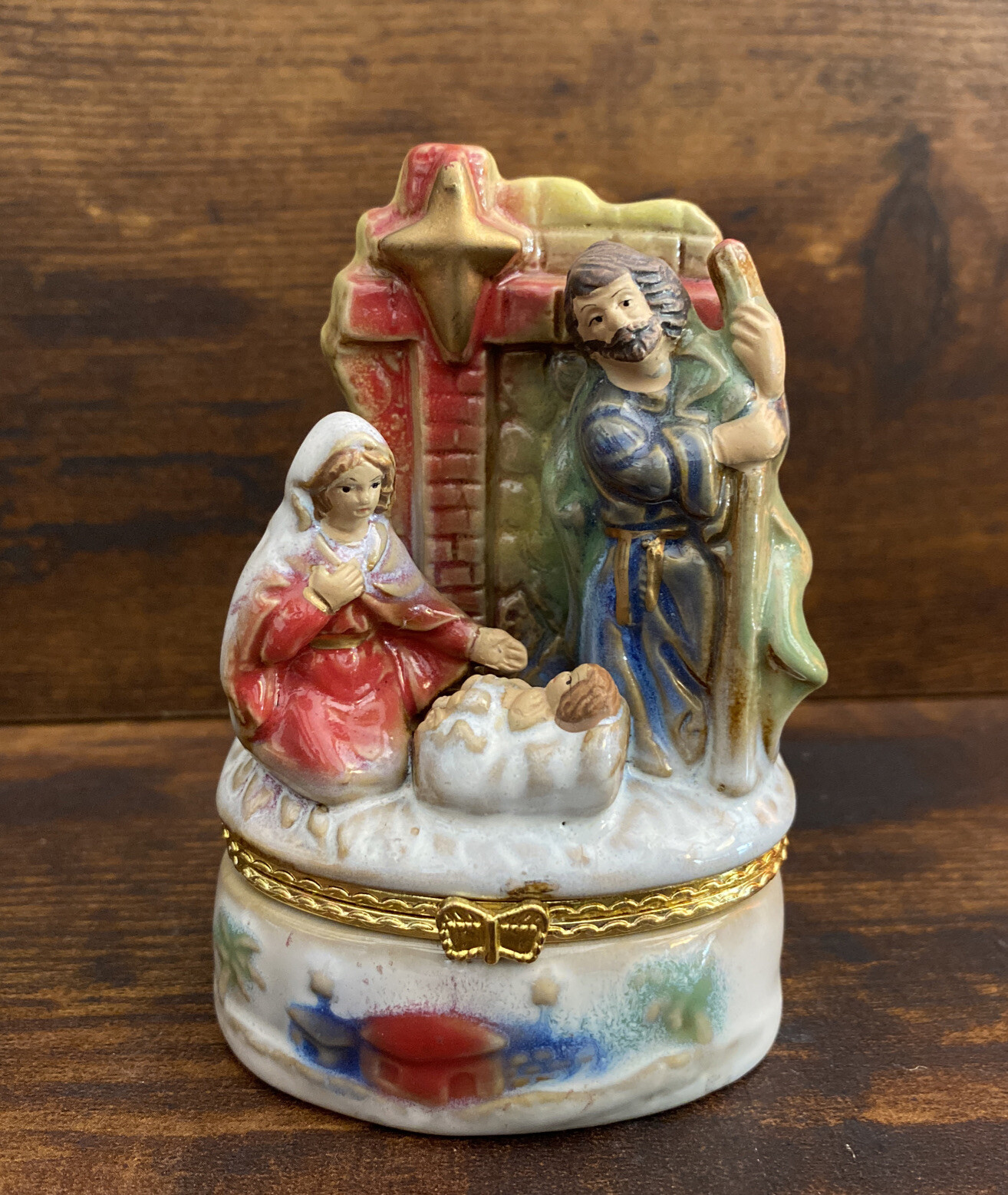 Christmas Nativity Hinged Trinket Pill Box Glazed Pottery Jesus Mary ...
