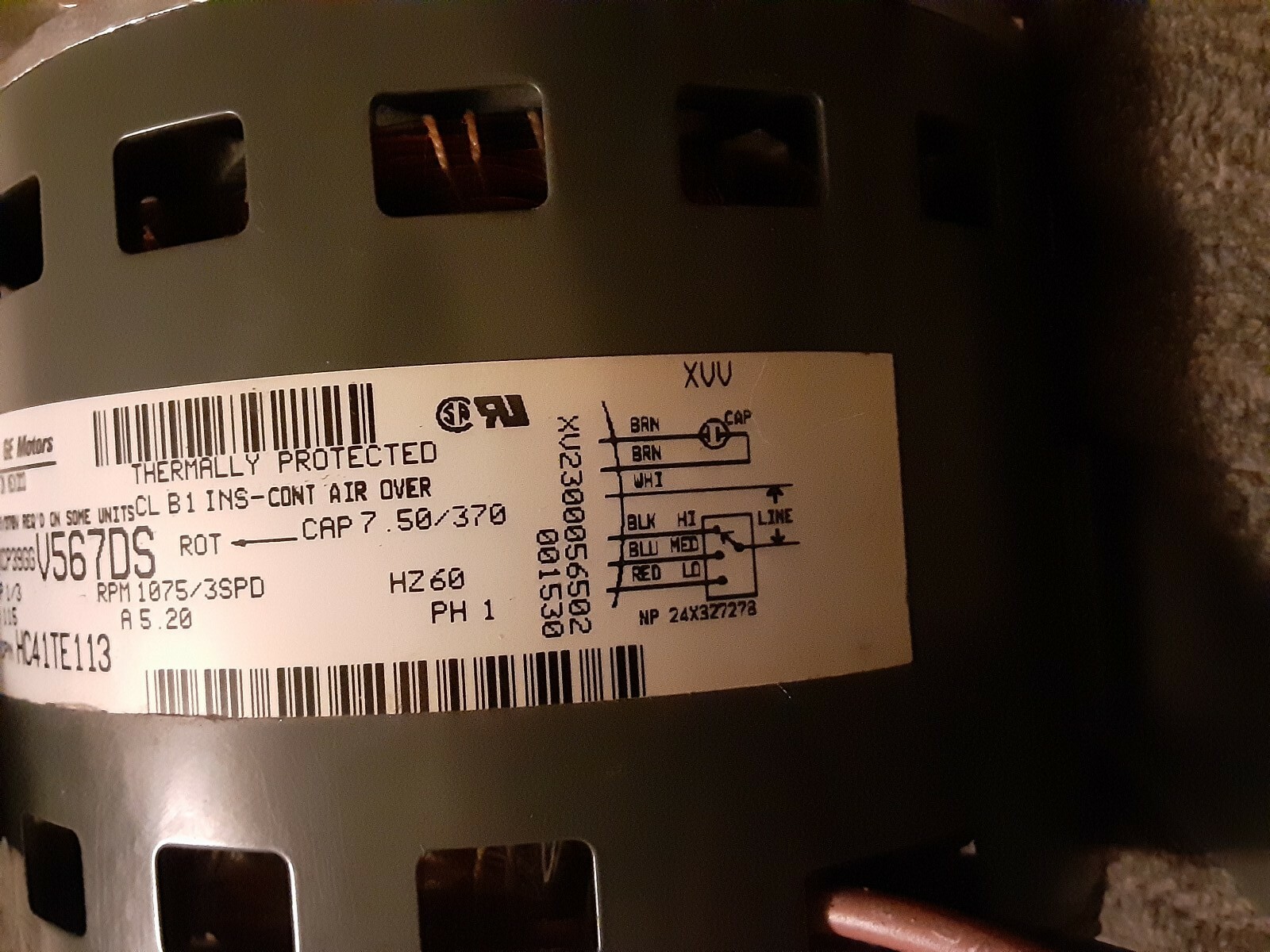 GE Motors 5KCP39GGV567DS Blower Motor 1/3HP 1075RPM 3SPD 115V HC41TE113 ...