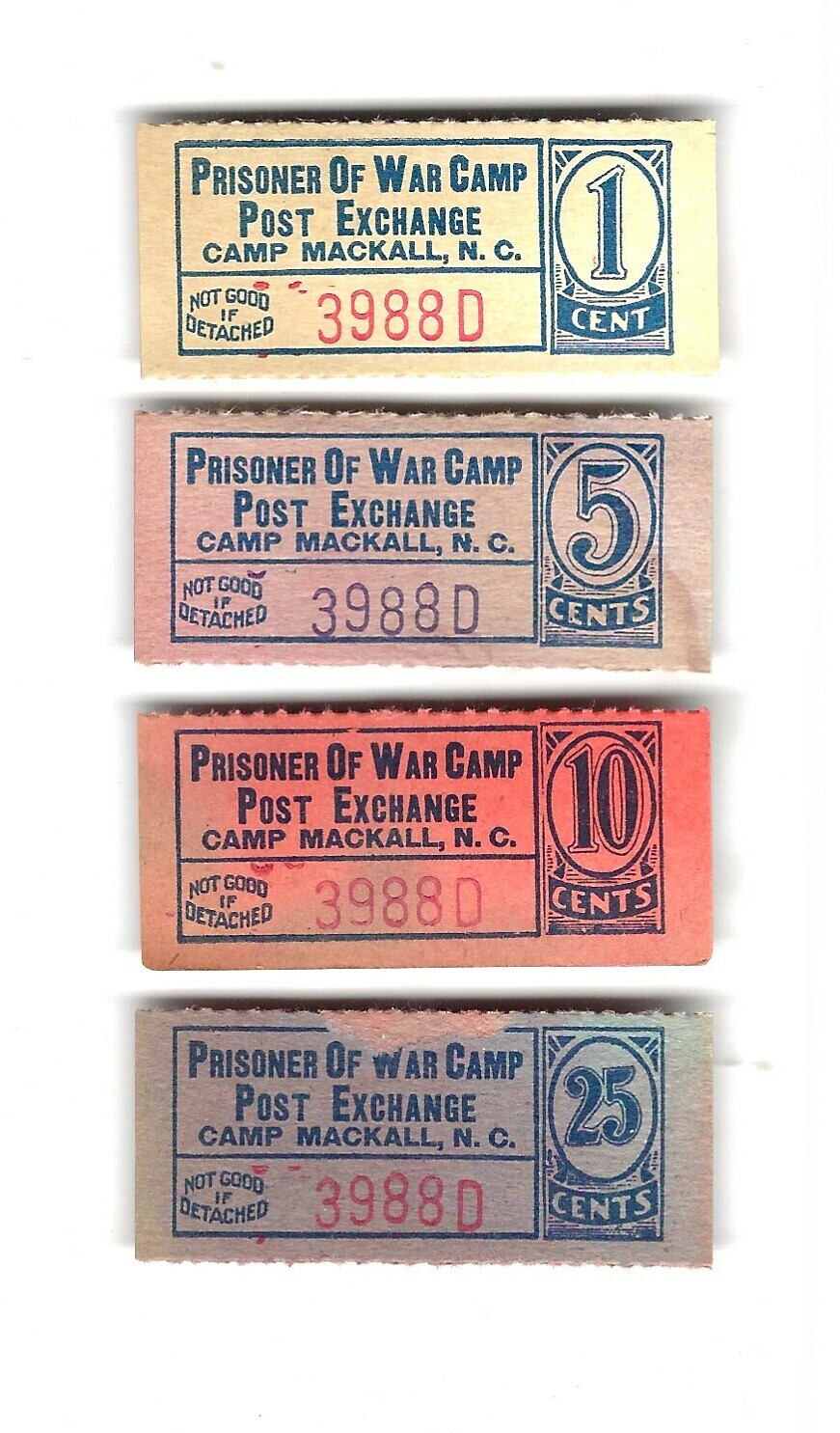 USA WWII POW Camp Chits NC-4-1 Camp Mackall NC set of 4 Prisoners of ...