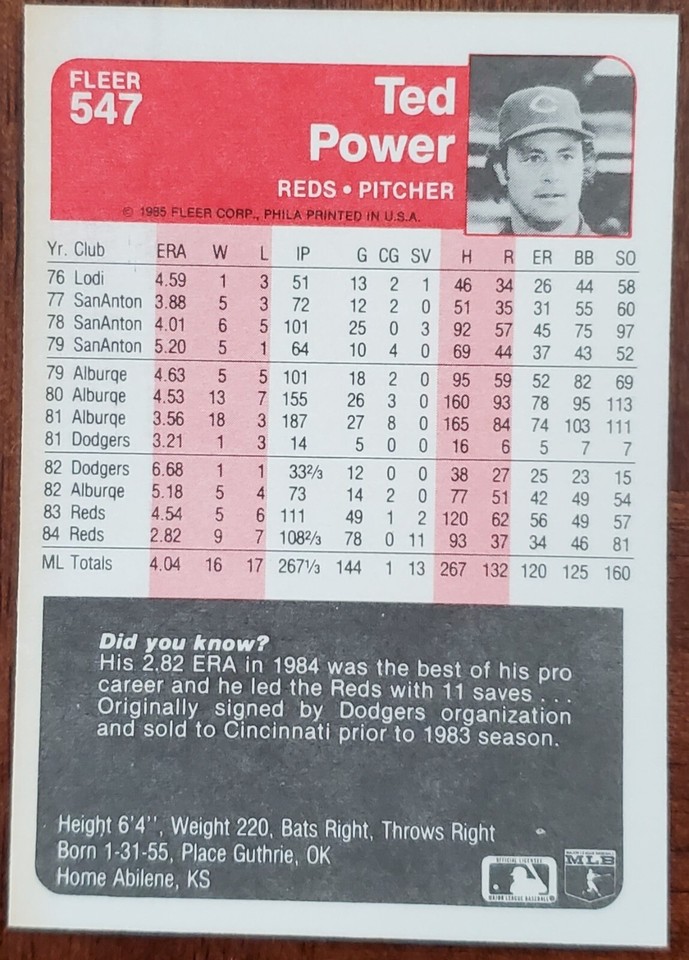 1985 FLEER TED POWER CINCINNATI REDS CARD #547 NM/MT | eBay