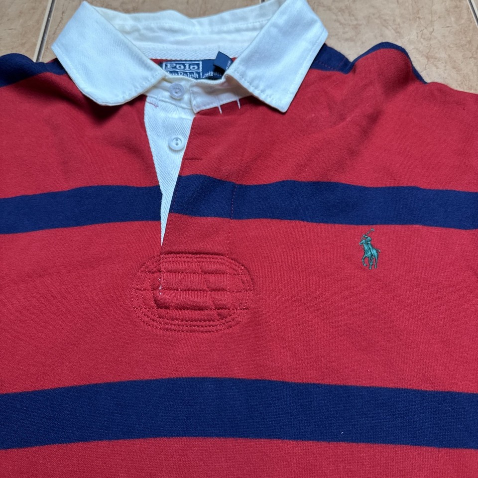 Vintage Polo Ralph Lauren Sz L Custom Fit Red Blue Stripe Rugby Shirt ...