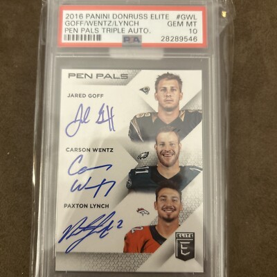 2016 Panini Elite Jared Goff/Wentz/Lynch Pen Pals Triple Auto PSA 10 ...