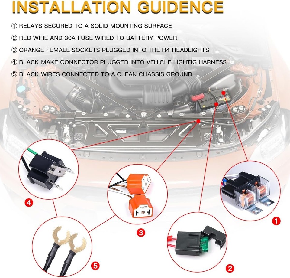 Headlight H4 Relay Wiring Harness Brighten For 4x6''/7x6''/7inch led ...