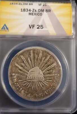 Rare Alamo Battle Coin 1834 Zs OM Mexico 8 Reales Zacatecas Mint ANACS ...