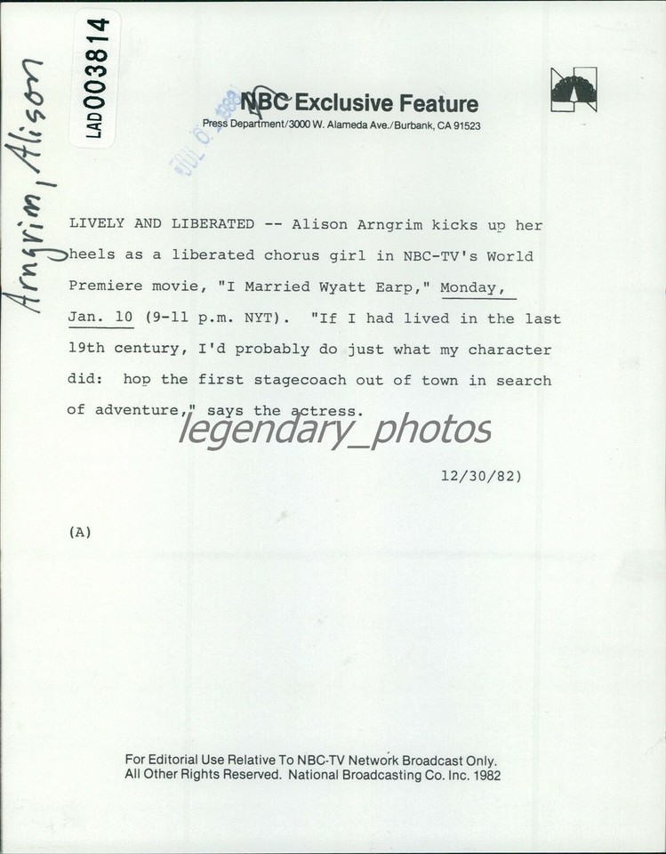 1982 Actress Alison Arngrim of I Married Wyatt Earp Original News ...