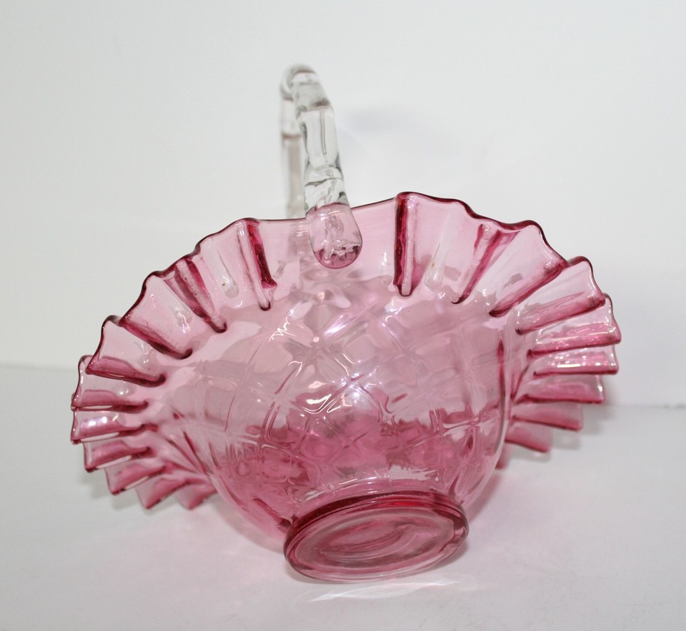 Vintage Fenton Pink Opalescent Ruffled Edge with Clear Handle Basket | eBay
