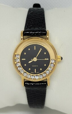 Ladies Avon Stunning Gold Tone Black Leather Band Analog Quartz Watch ...