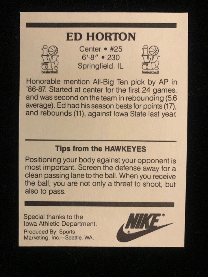 1987-88 Nike Iowa Hawkeyes ED HORTON Rookie card Nrmt+ Rare! | eBay