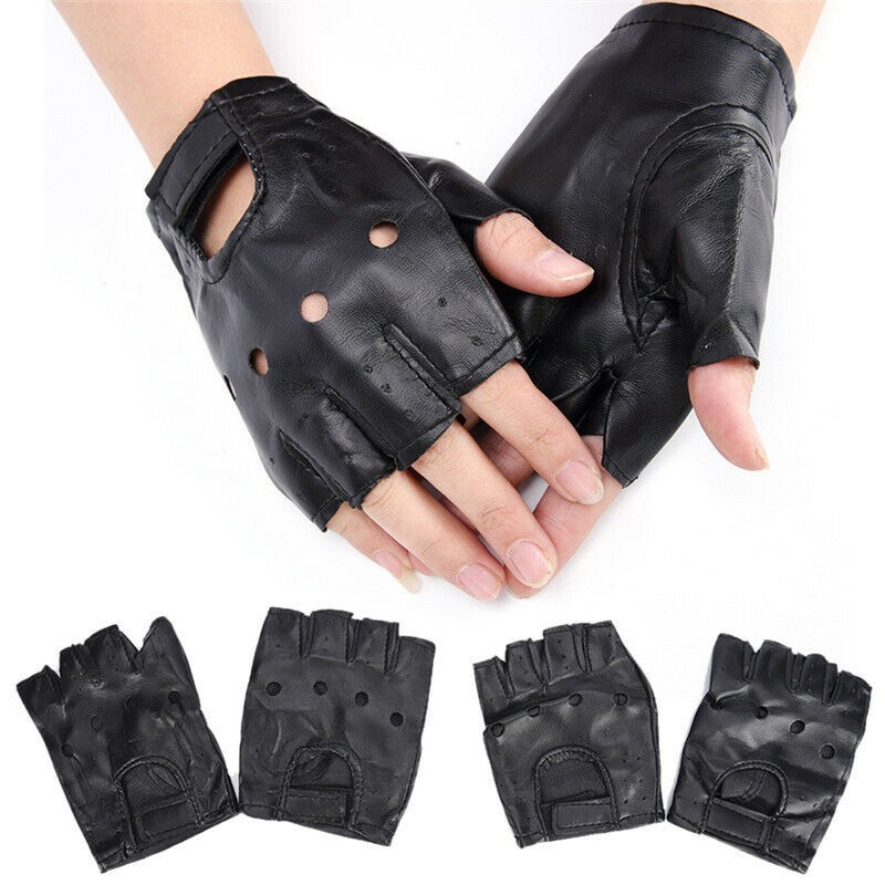 Leather Black Driving Motorcycle Biker Fingerless Gloves Men 2X Gloves ...