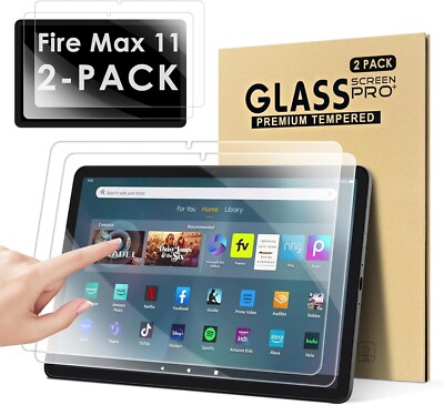 2 Pack Amazon Fire Max 11 Tempered Glass Screen Protector 9H Film Case ...