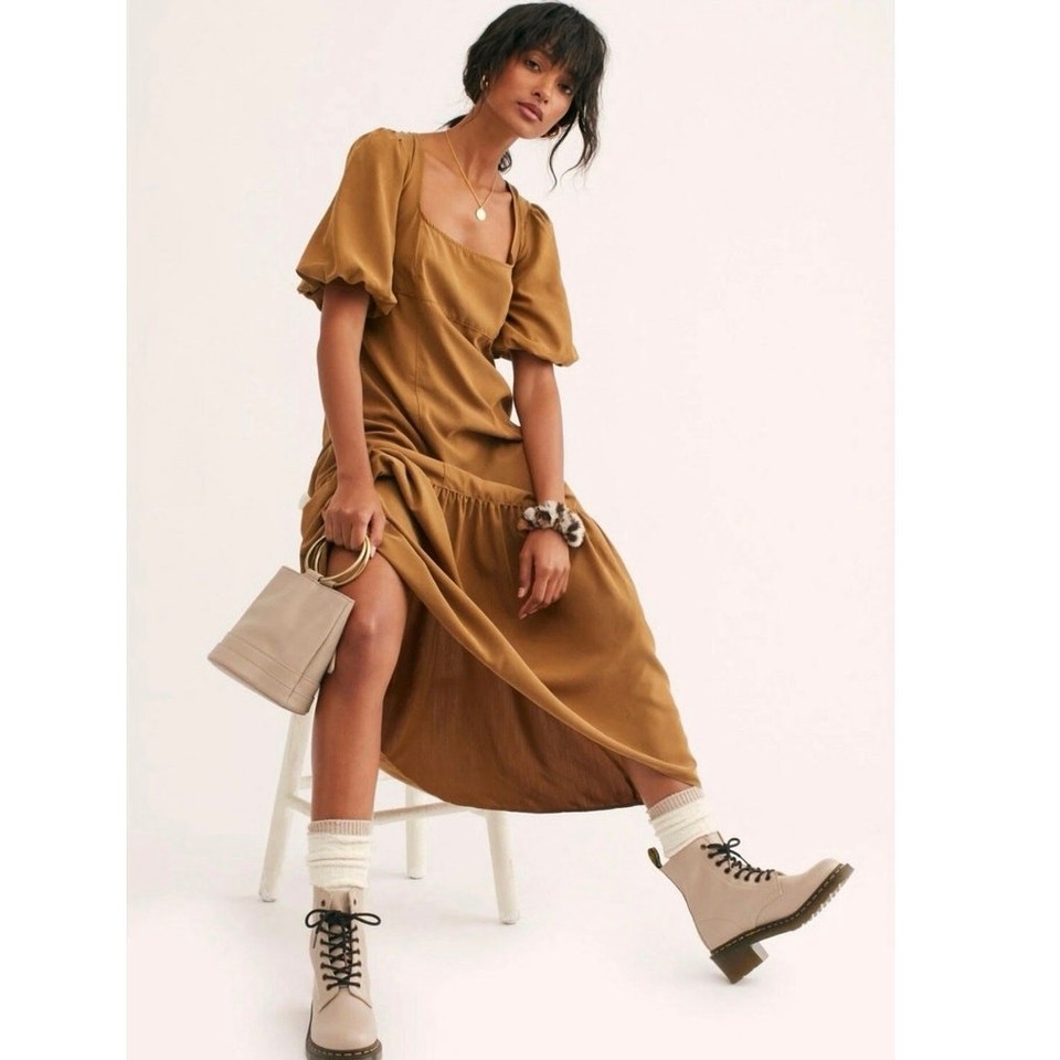 NWT Free People Jordan Puff Short Sleeve Ruffle Hem Midi Dress Tabacoo ...
