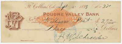 RN-X7 Poudre Valley Bank check, Ft. Collins, CO 1899 | eBay