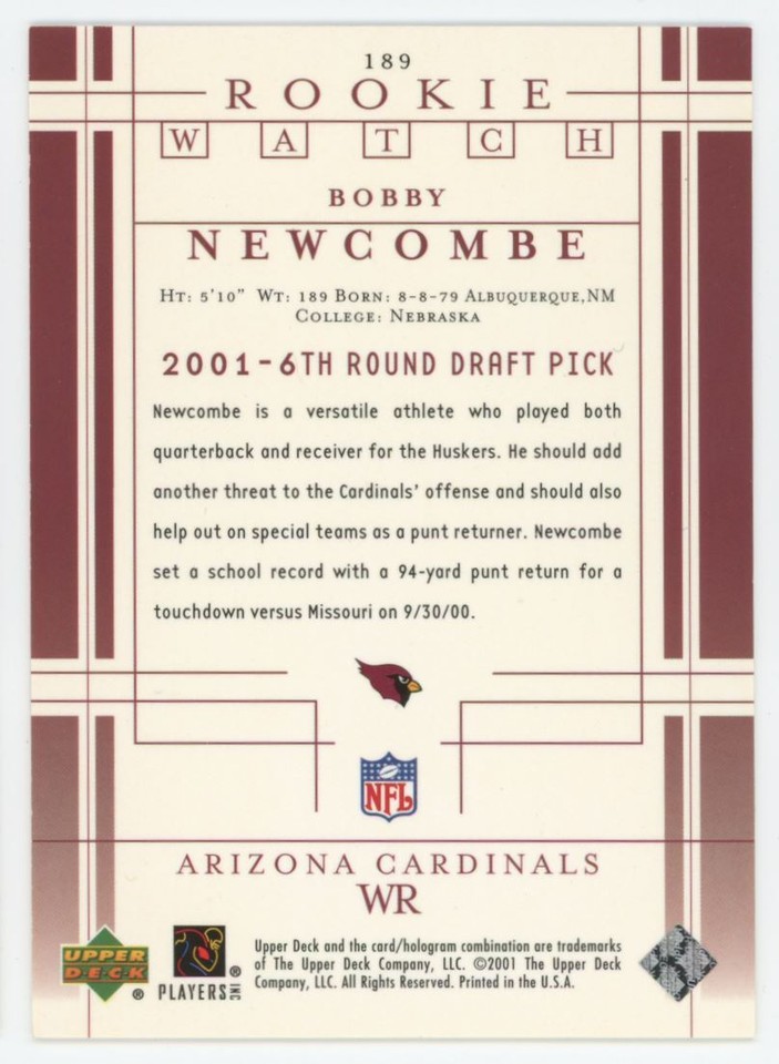 2001 Upper Deck Rookie Watch Bobby Newcombe Rookie Arizona Cardinals ...