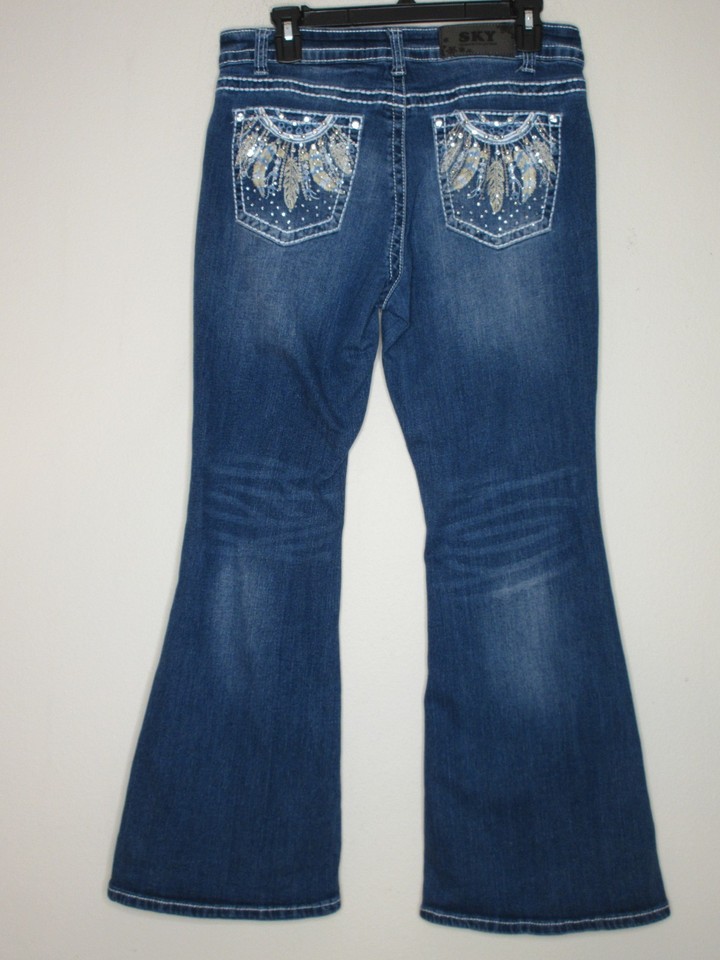 Sky Women's Western Boot Cut Mid Rise Y2K Embellished Stretch Jeans 13/ ...