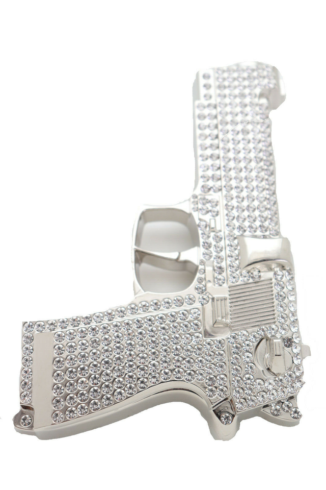 Big Fake Gun Belt Buckle Silver Metal Full Rhinestone Real Rodeo ...